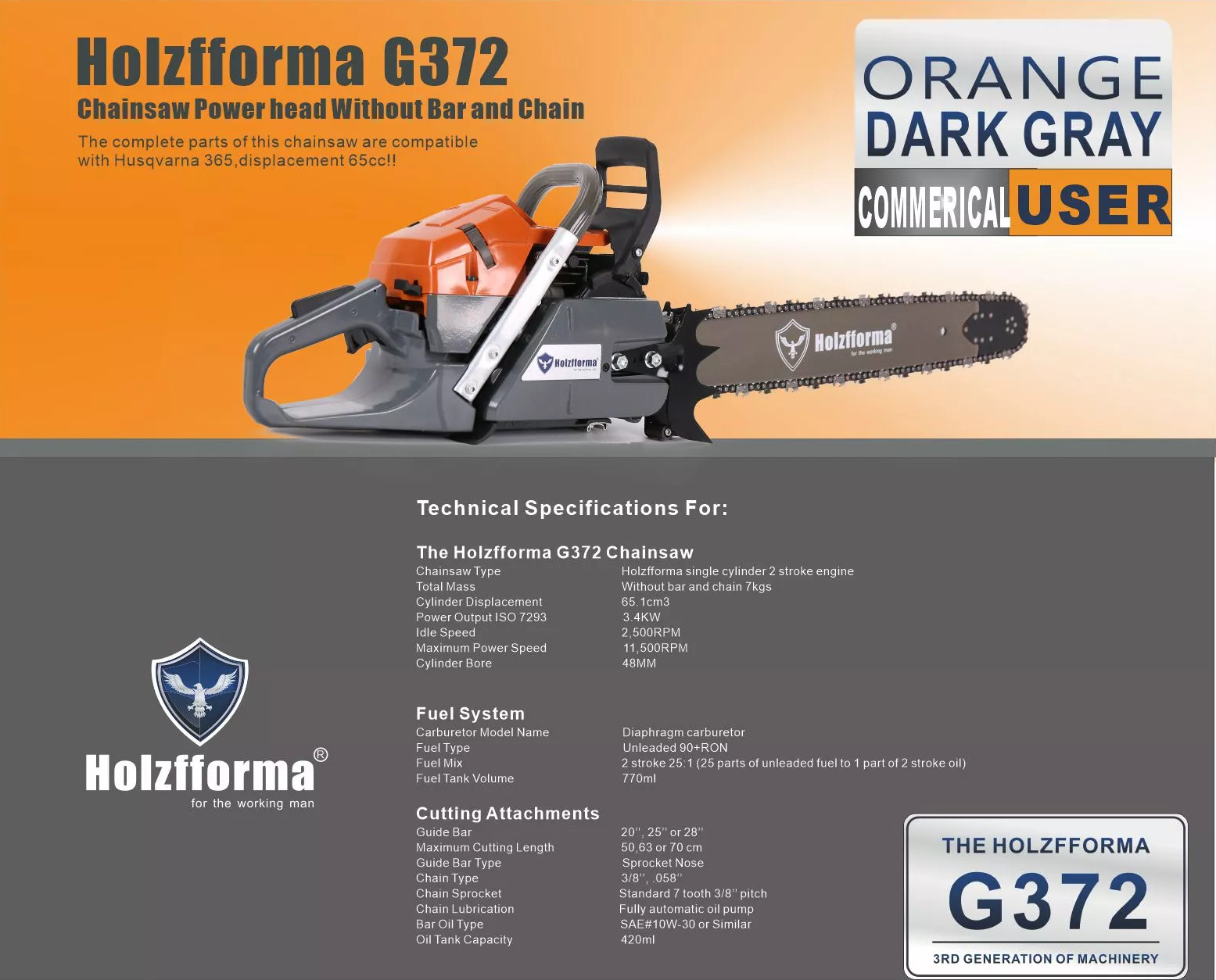 65cc Holzfforma Orange Dark Gray G372 Gasoline Chainsaw With 20 inch bar and chain - Welcome To ...