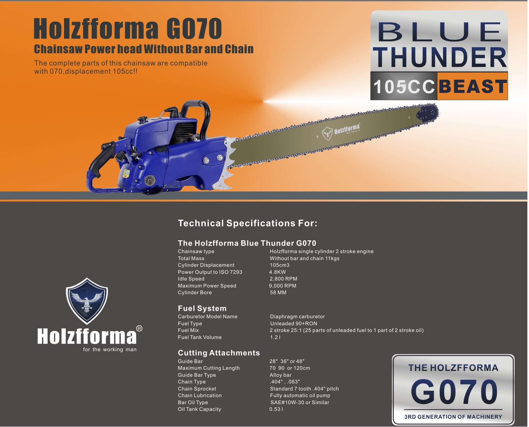 G070 105cc Holzfforma Blue Thunder G070 Gasoline Chain Saw