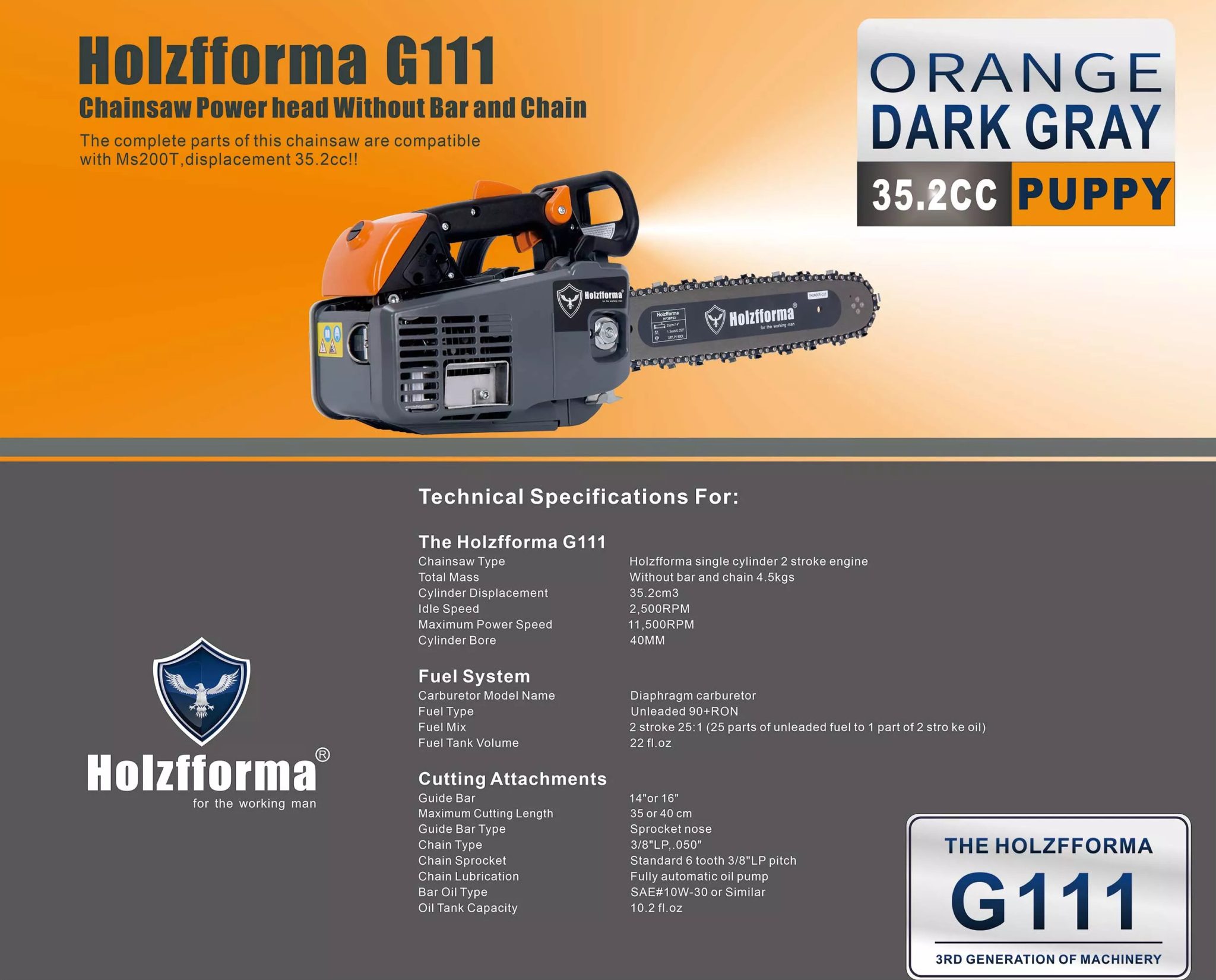 35.2cc Holzfforma G111 Top Handle Gasoline Chainsaw